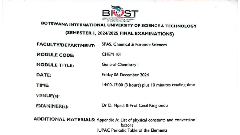 CHEM 101 Semester 1 Final Exam 2024: General Chemistry I - Studocu