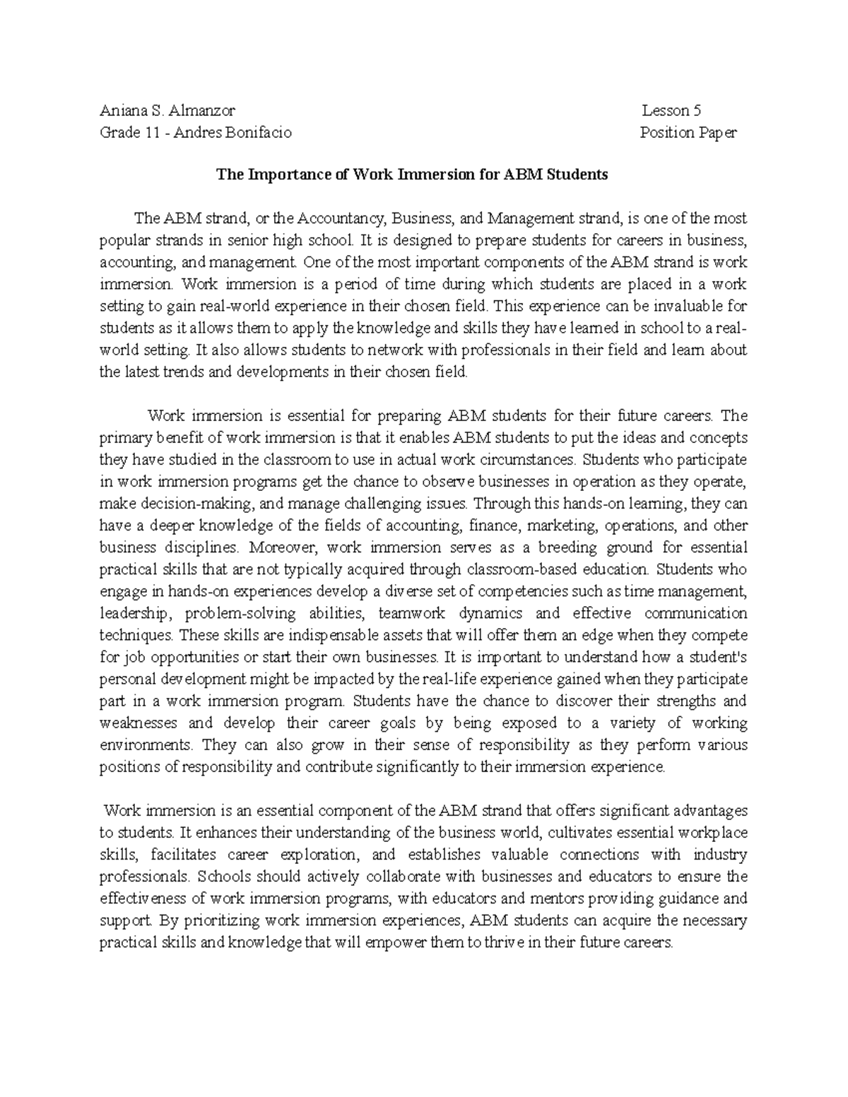 Grade 11 ABM Position Paper: The Value of Work Immersion - Studocu
