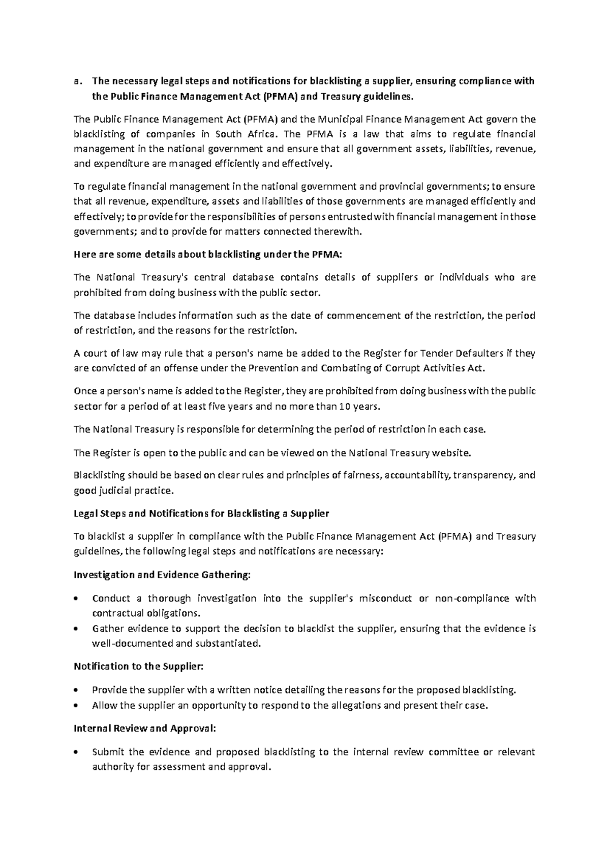 Legal Steps for Blacklisting a Supplier under PFMA Guidelines - Studocu