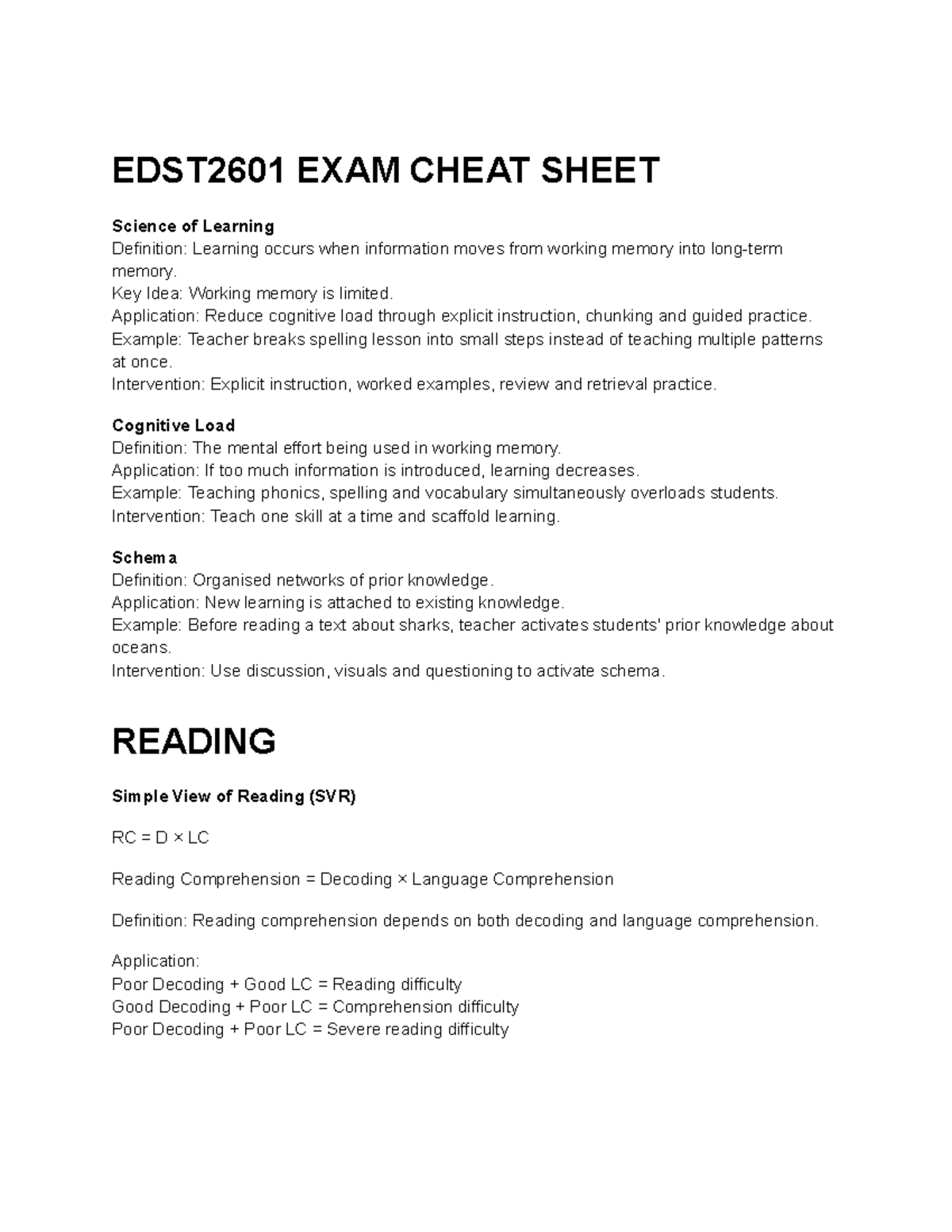 EDST2601 Final Exam Cheat Sheet: Science of Learning & Reading - Studocu