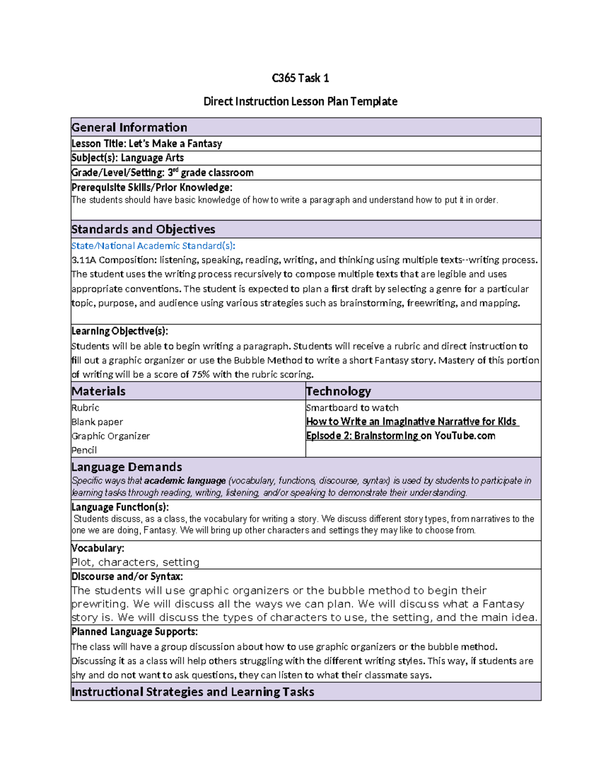 Task 1 C365 - The Lesson plan for Language Arts. I passed on the first try. It is only in - C365 ...