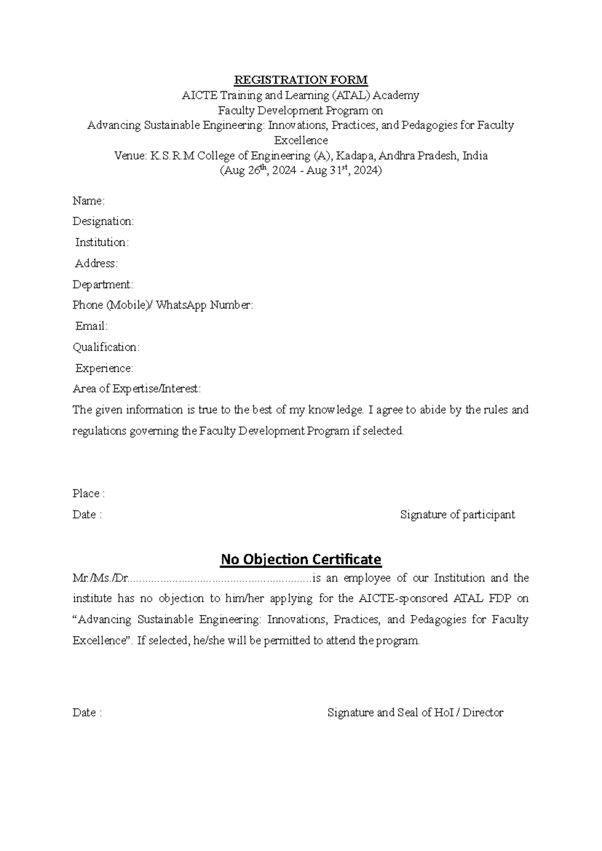 No C - No Objection Certificate - REGISTRATION FORM AICTE Training and ...