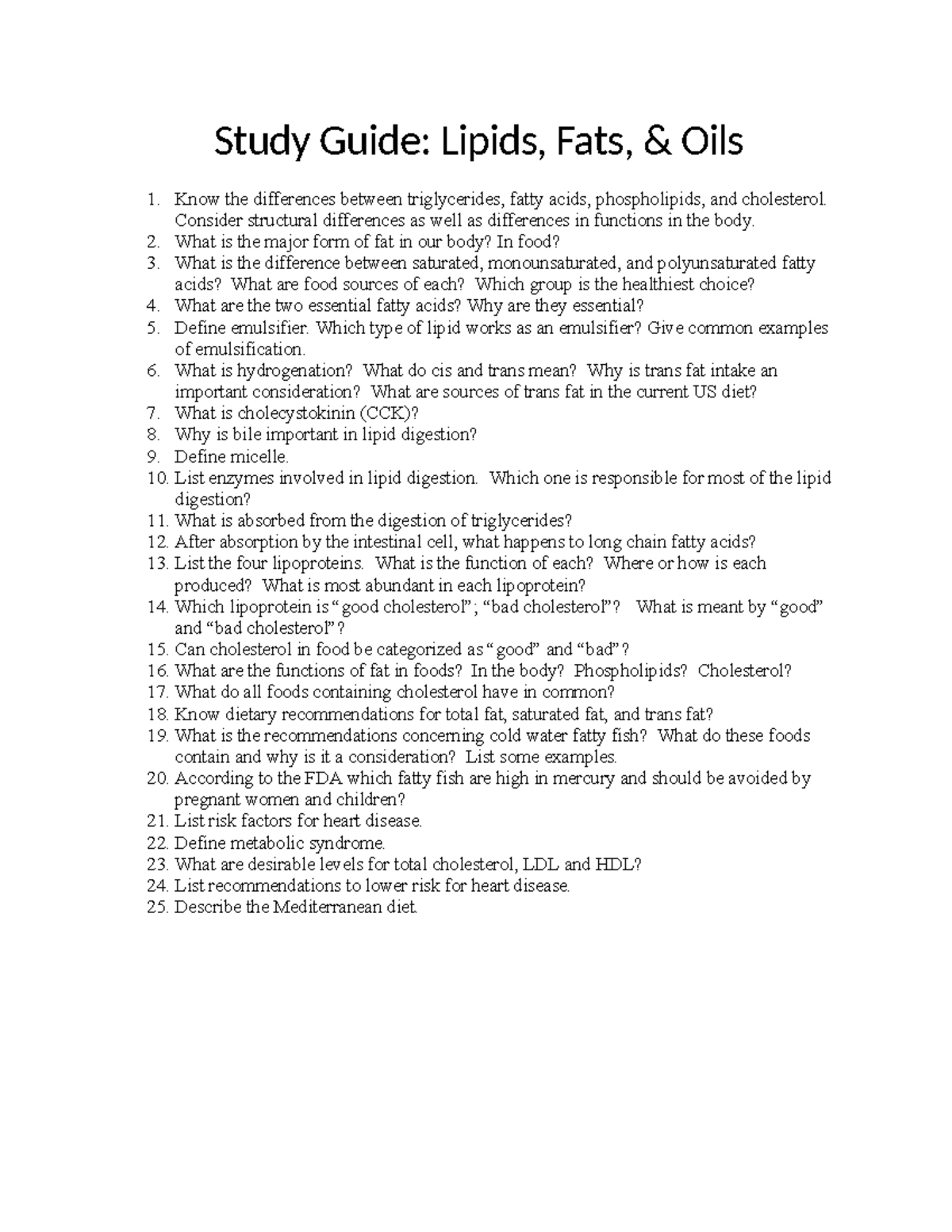 Study Guide: Lipids, Fats, and Oils (Overview & Key Functions) - Studocu