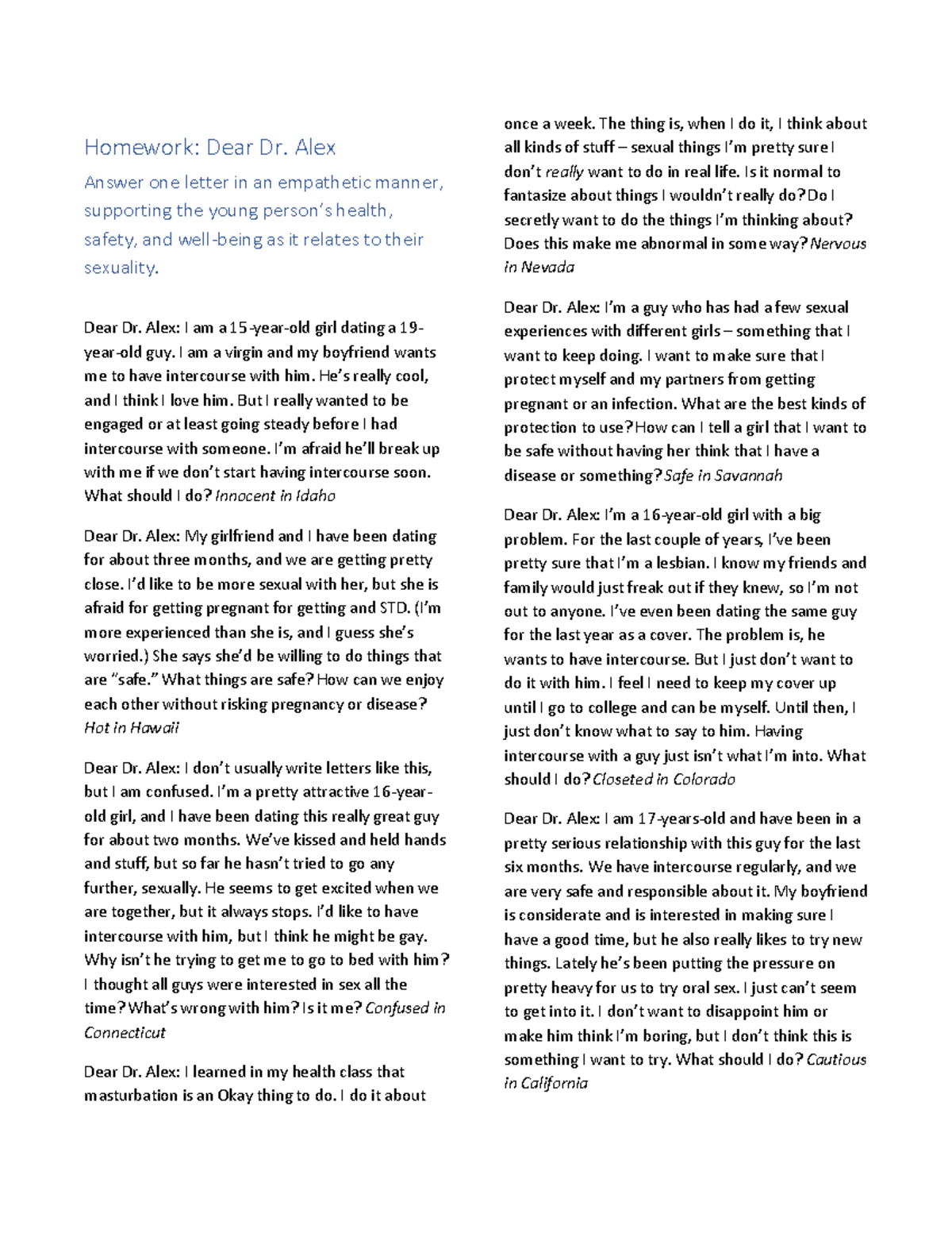 Homework: Dear Dr. Alex Empathetic Responses to Relationship Concerns ...