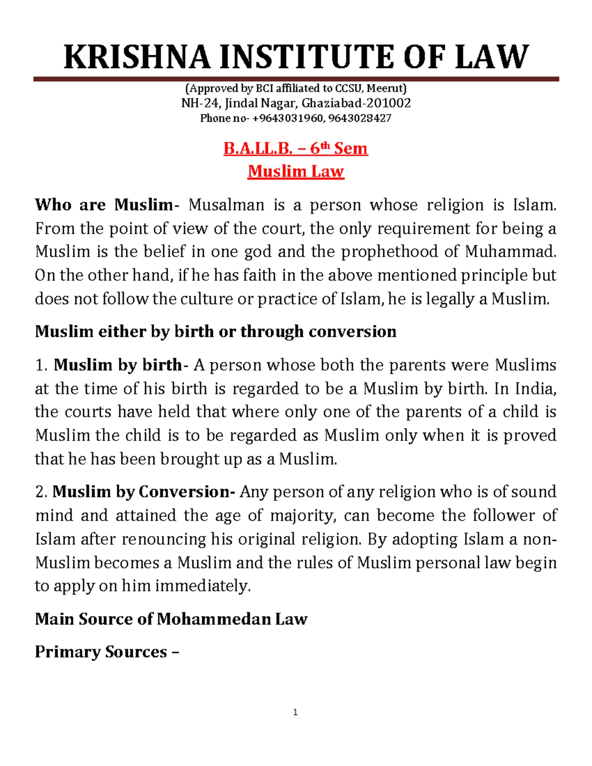 CCS University LLB Muslim Law Notes (Complete Subject) - Home3 Semester ...