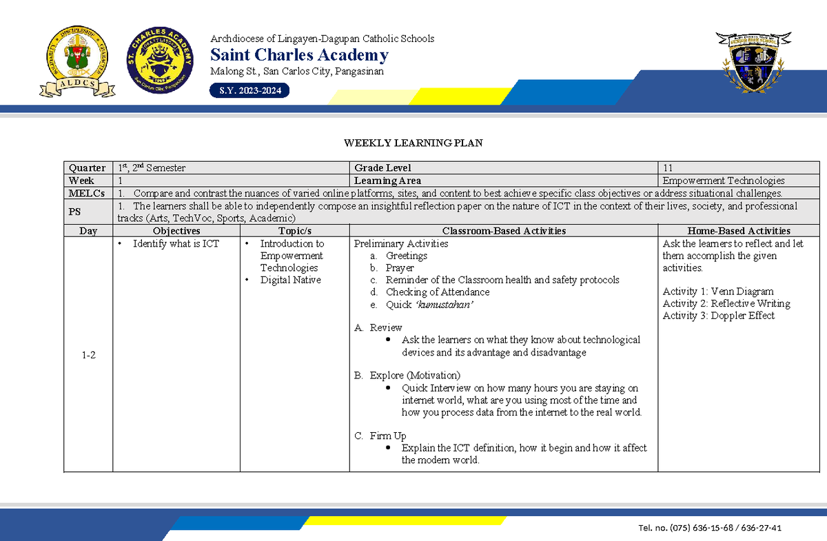 WLP 1: Weekly Learning Plan for Empowerment Tech - Grade 11 - Studocu