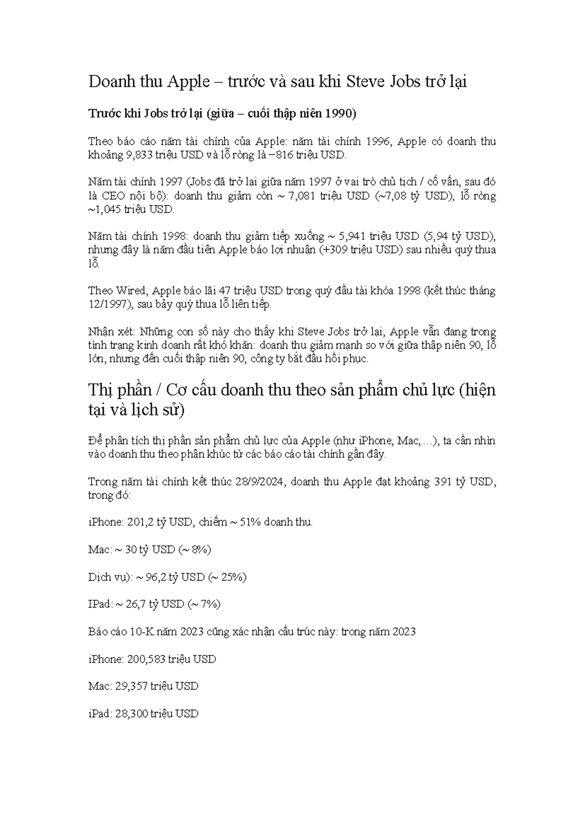 Phân Tích Doanh Thu Apple Trước và Sau Khi Steve Jobs Trở Lại - Studocu