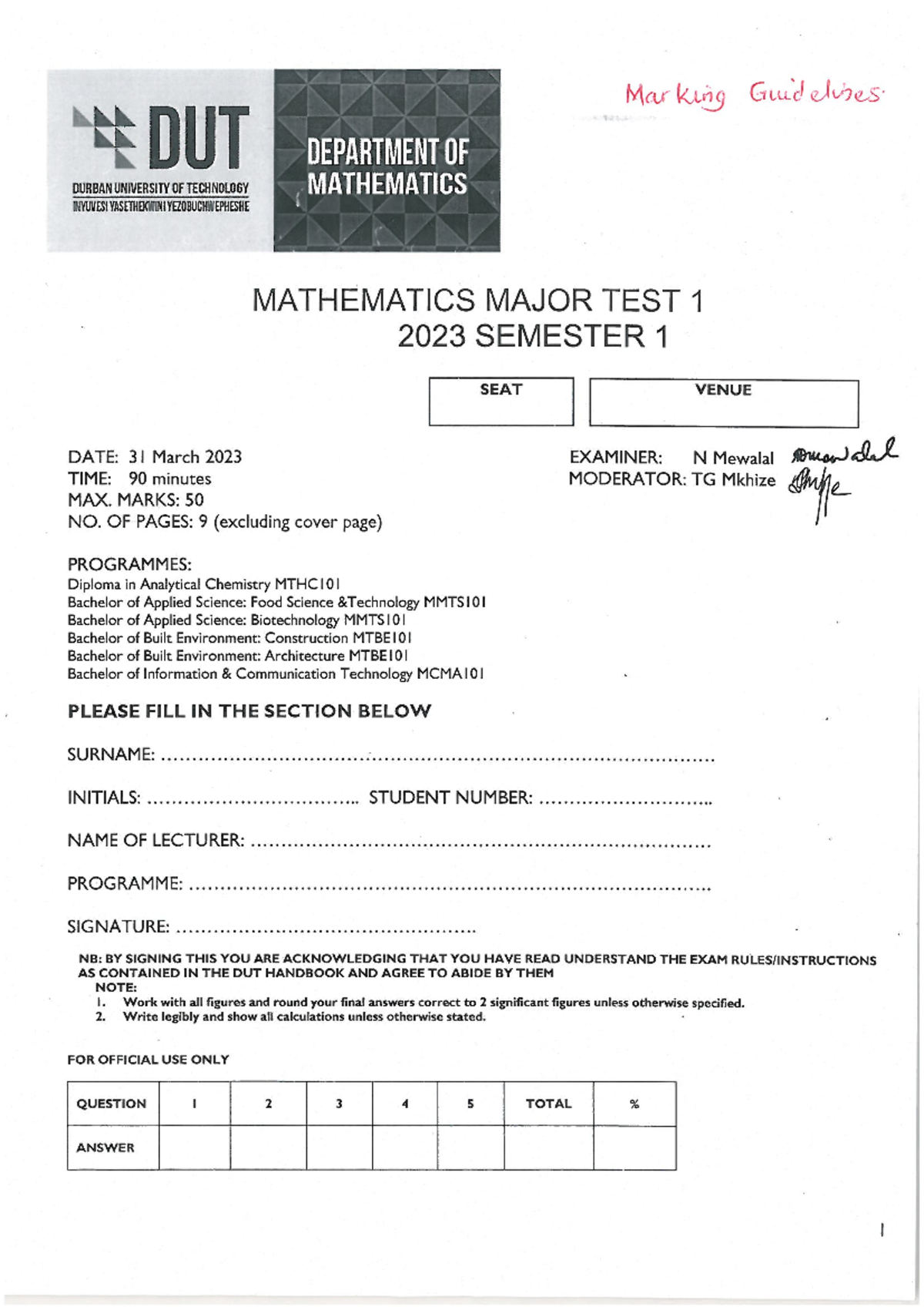 Major Test 1 2023 MCMA - Mathematics Guidelines and Solutions - Studocu