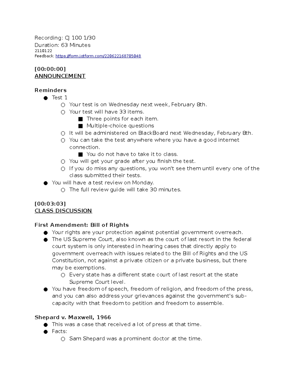 CJ 100 1 30 Summary Notes - Recording: CJ 100 1/ Duration: 63 Minutes ...