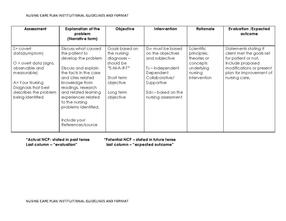 Nursing Care Plan Guidelines - NCP Format and Explanation - Studocu