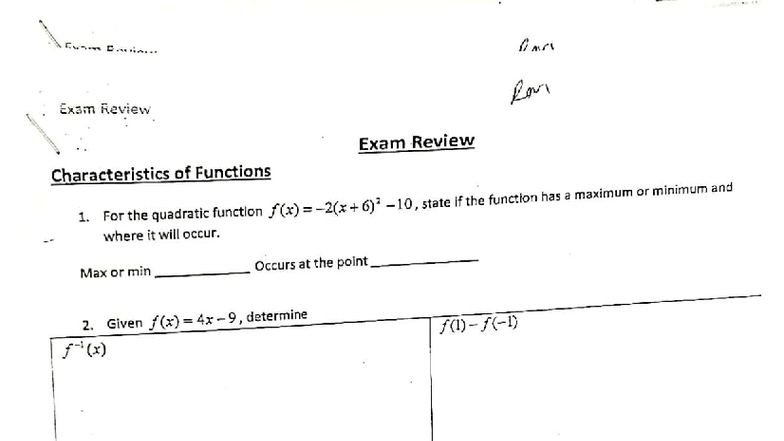 Grade 11 Exam Review: Characteristics of Functions and More - Studocu