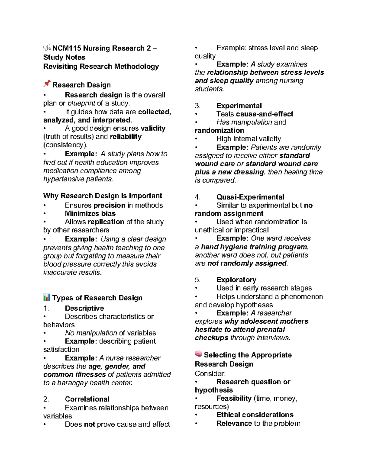 NCM115 Nursing Research 2 Study Notes: Research Design & Mock Questions ...