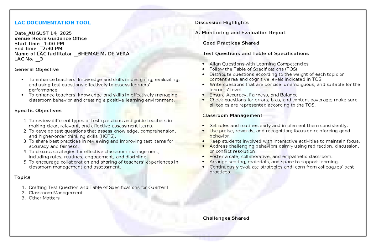 LAC-3 Documentation Tool: Highlights on Assessment & Classroom ...