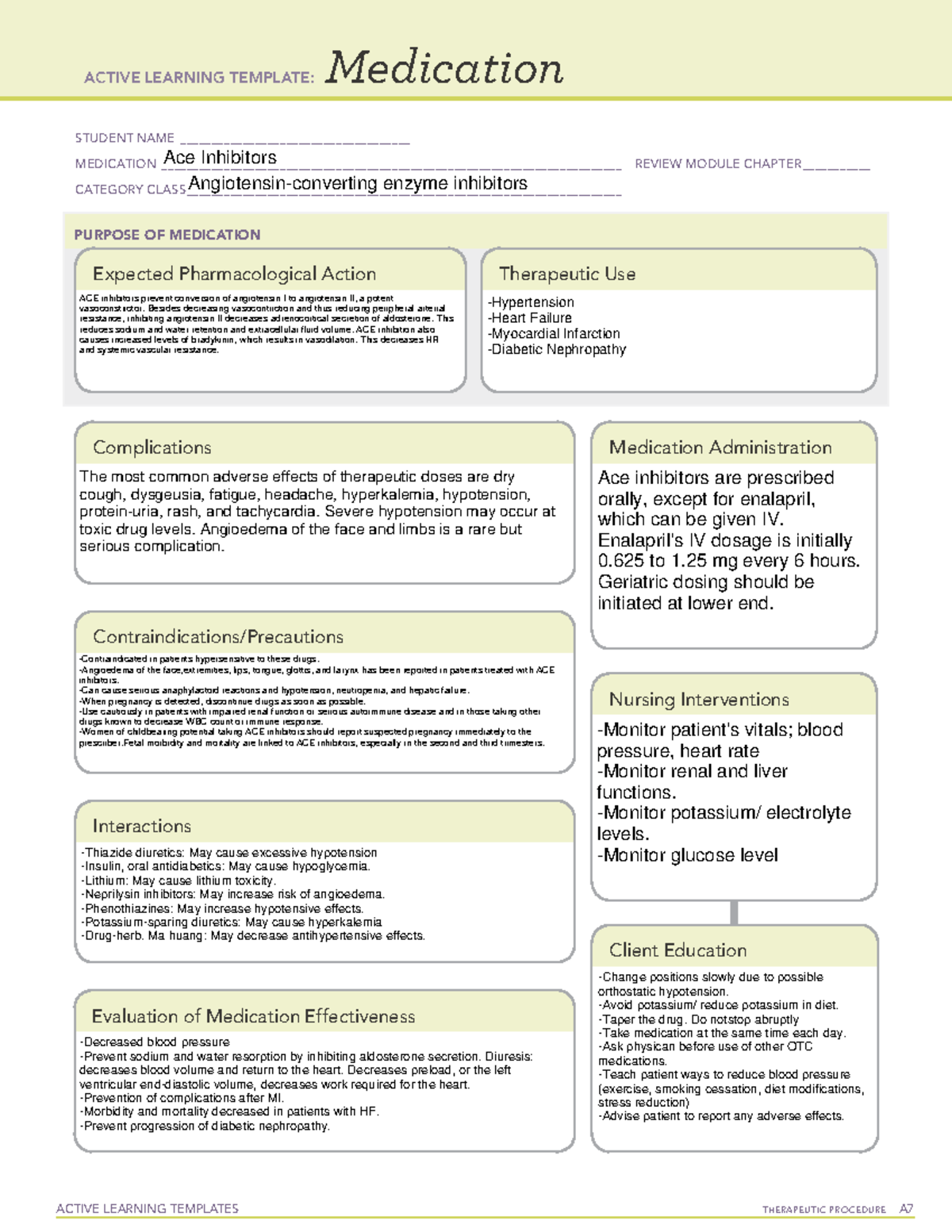 Medication Ace Inhibitors - ACTIVE LEARNING TEMPLATES TherapeuTic ...