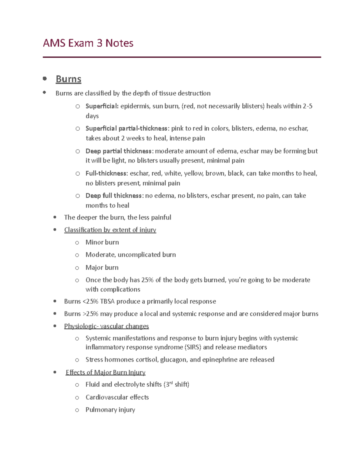 265 Exam 3 Study Guide: In-Depth Notes on Burn Injuries and Shock - Studocu