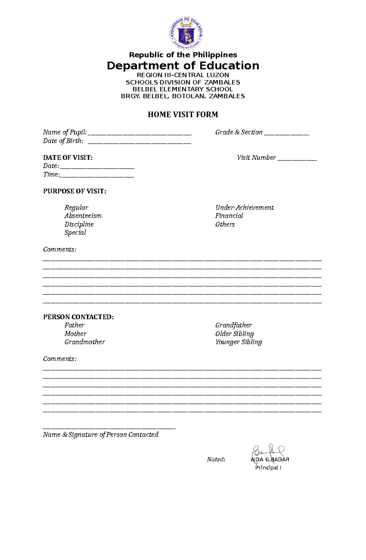 Anecdotal Home Visitation & Incident Record Form for K-Grade Students ...