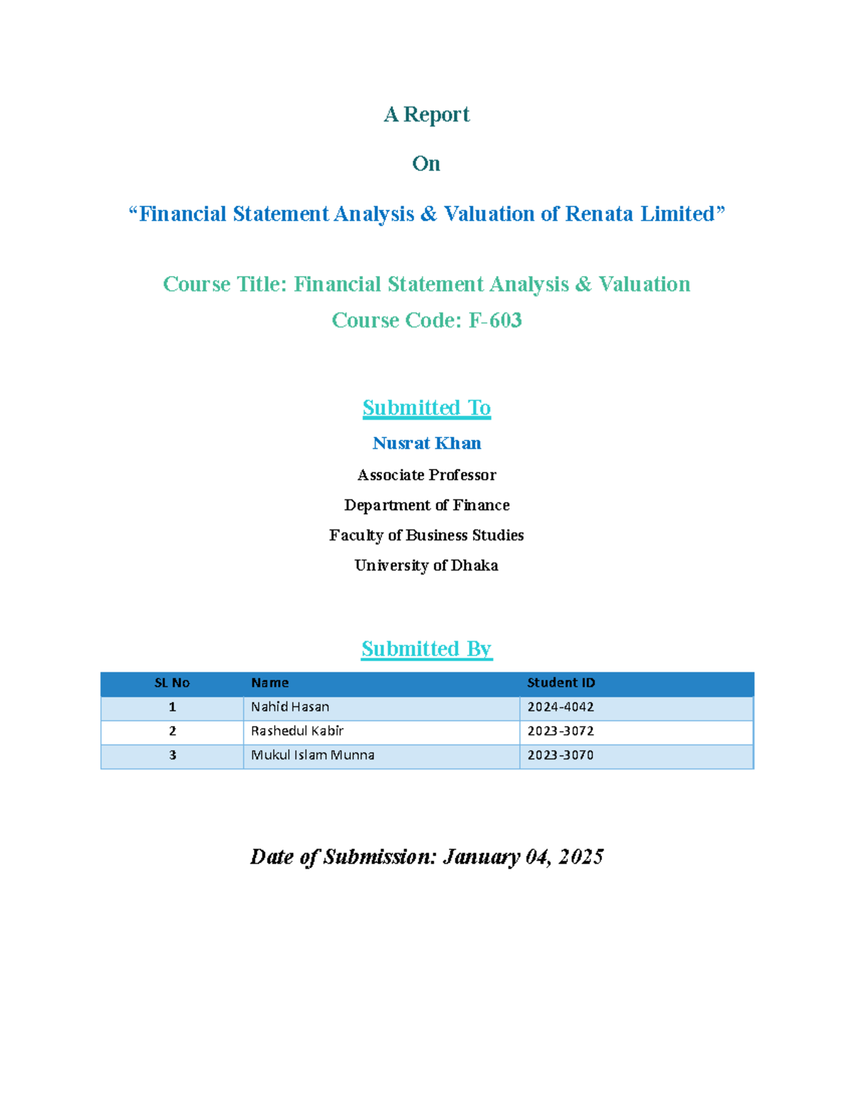 Financial Statement Analysis & Valuation of Renata Ltd - F-603 Term ...