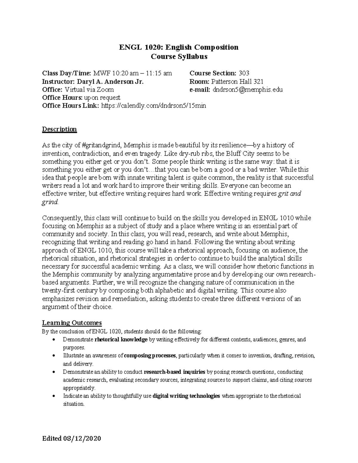 ENGL 1020 303 Syllabus - ENGL 1020: English Composition Course Syllabus ...