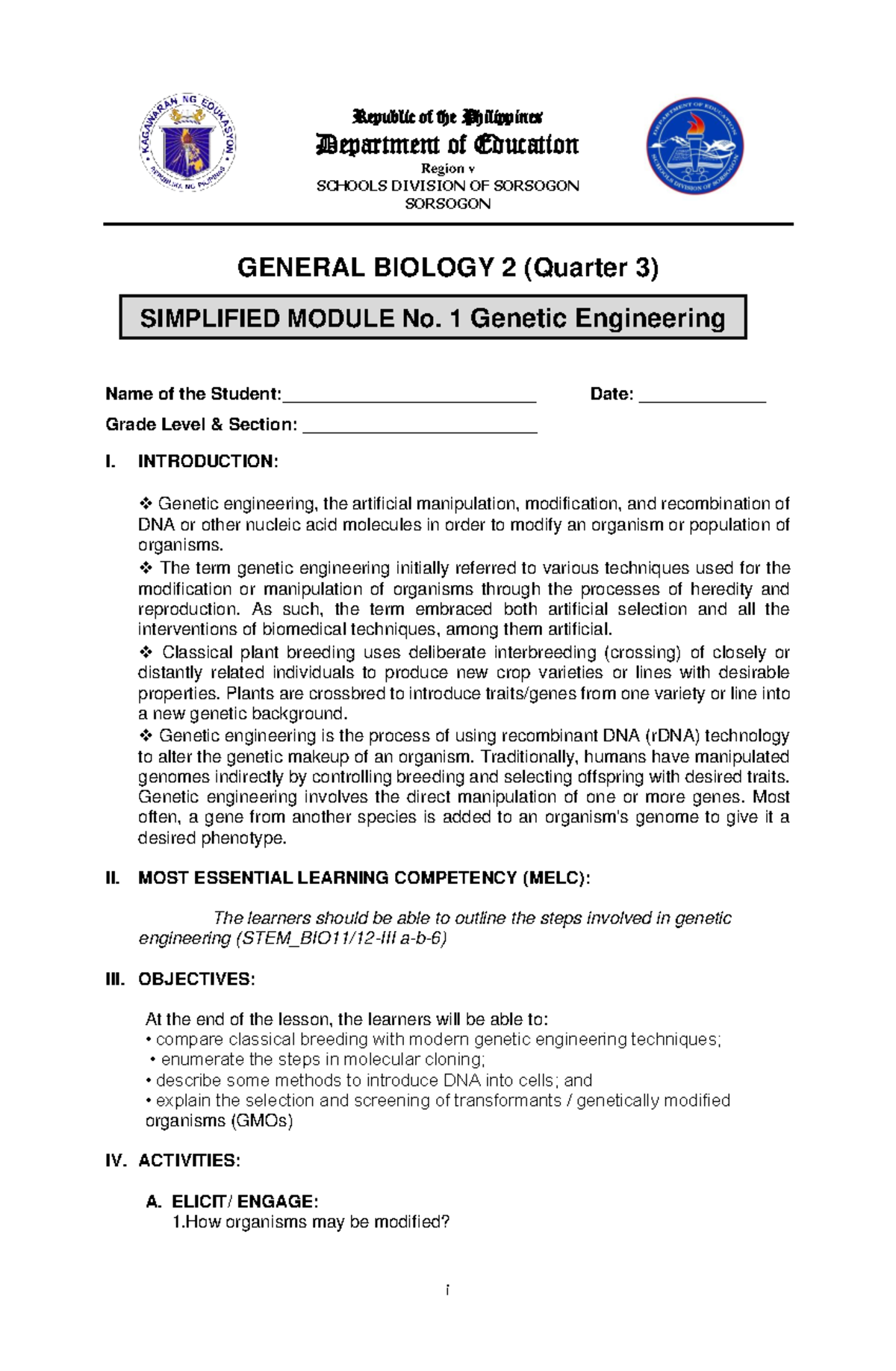 Genetic Engineering Simplified Module No. 1 (GB 2 - Q3) - Studocu