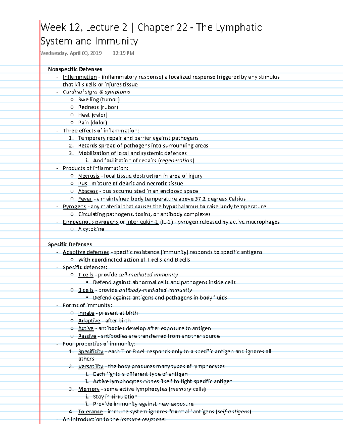 Chapter 22 - The Lymphatic System and Immunity (cont.) - Week 12 ...
