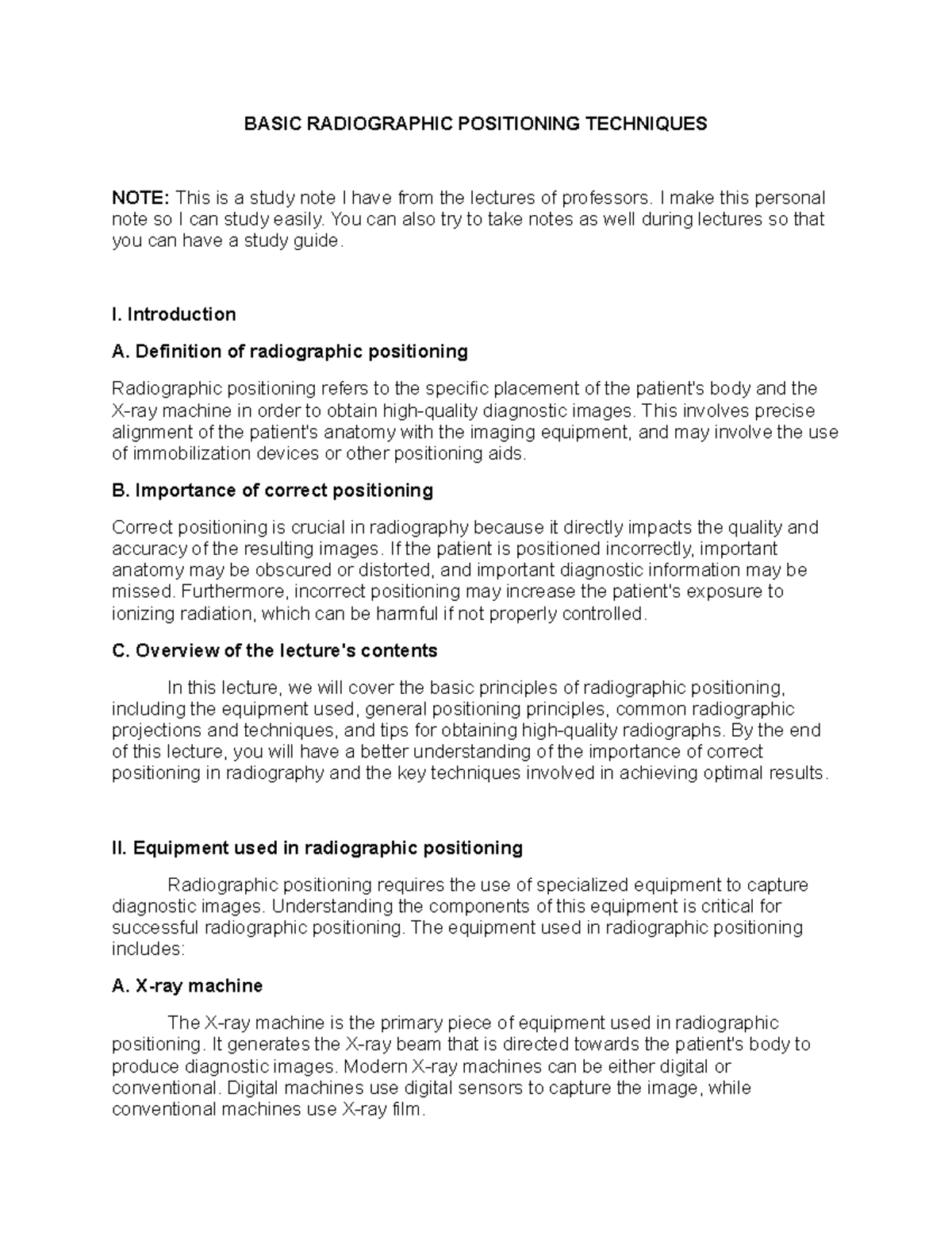 Basic Radiographic Positioning Techniques - Study Notes for Radiology ...