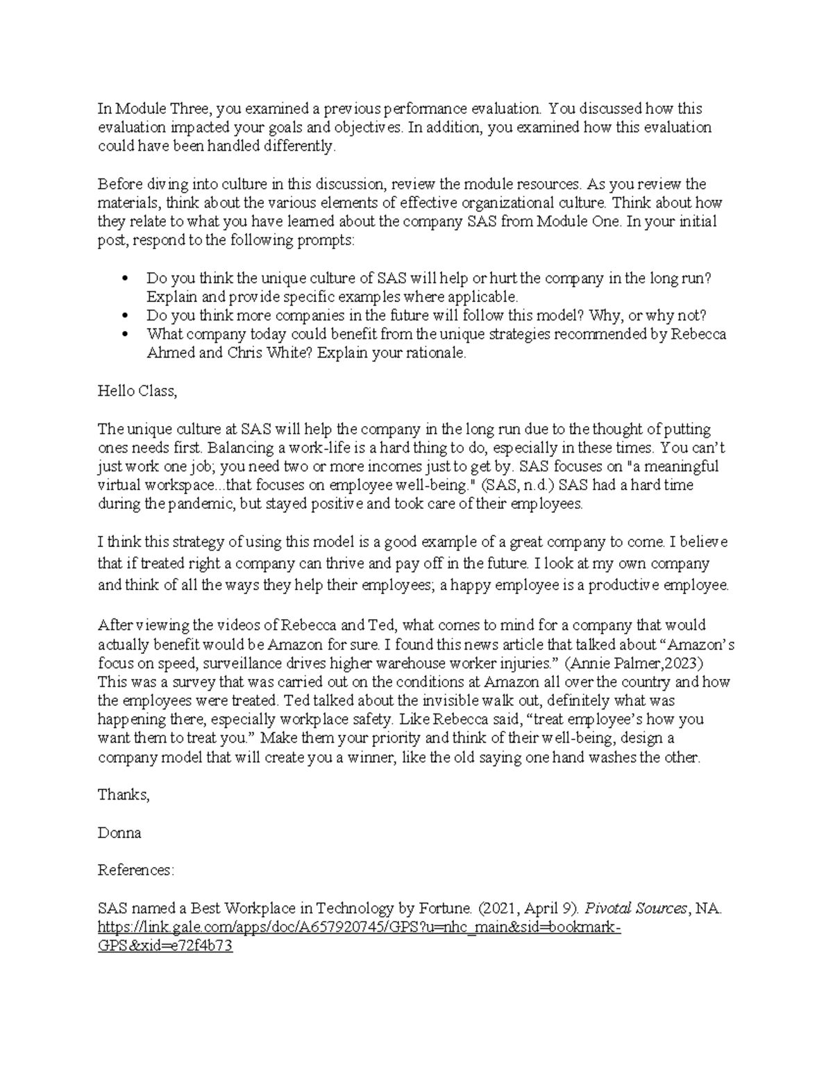 Module 4 Discussion: Analyzing SAS's Unique Culture and Its Future ...