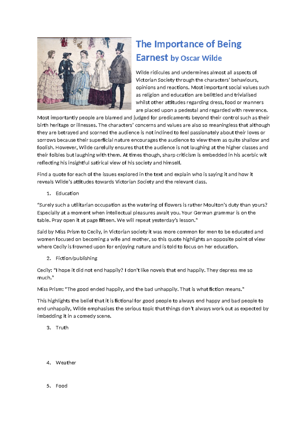 The Importance of Being Earnest key themes - The Importance of Being ...
