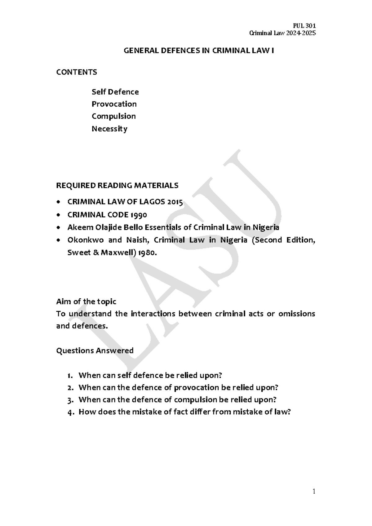 PUL 301 Criminal Law: General Defences Overview and Case Studies - Studocu
