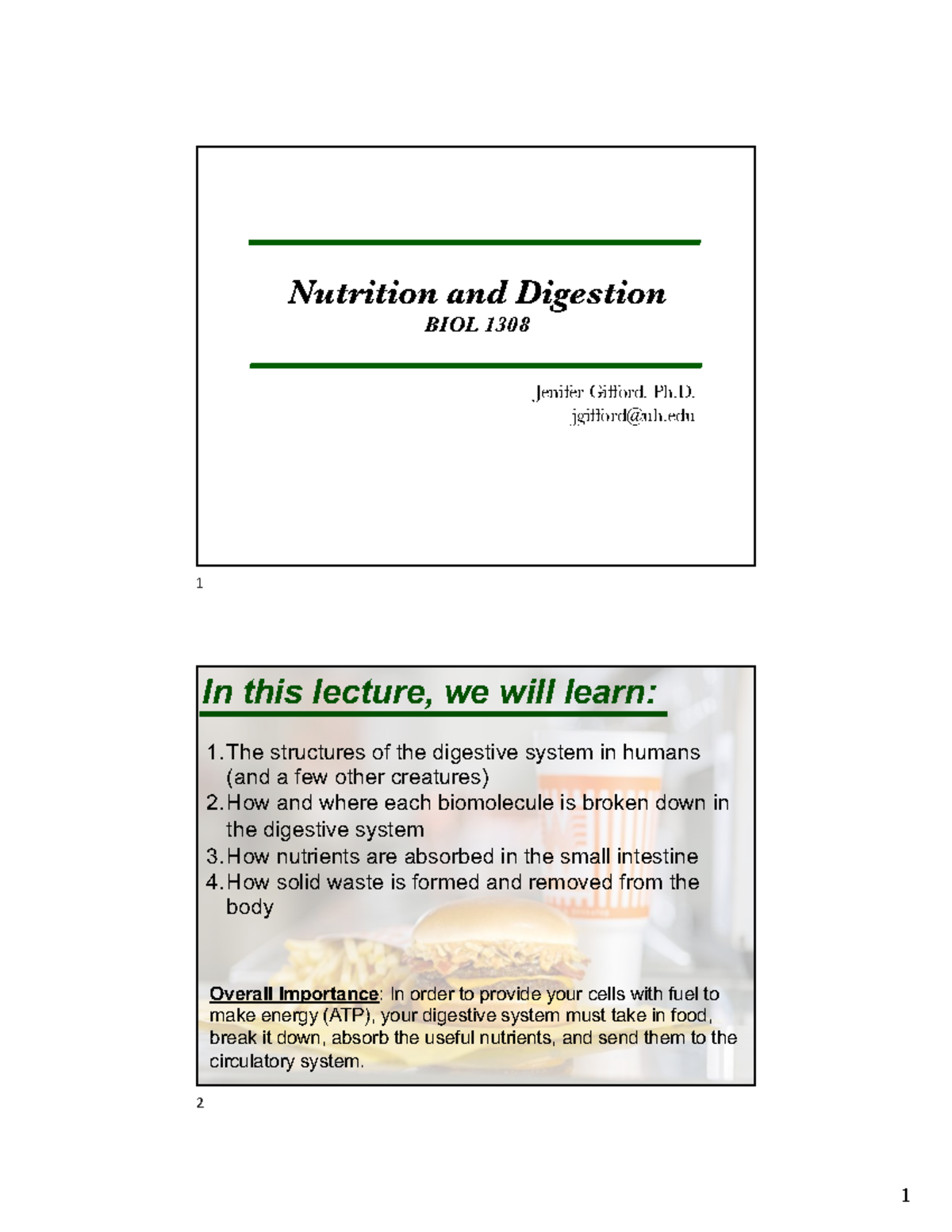 Nutrition and Digestion Lecture Notes - BIOL 1308 - Studocu