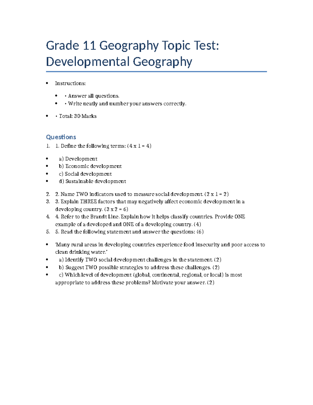 Grade 11 Geography Topic Test: Developmental Geography Insights - Studocu