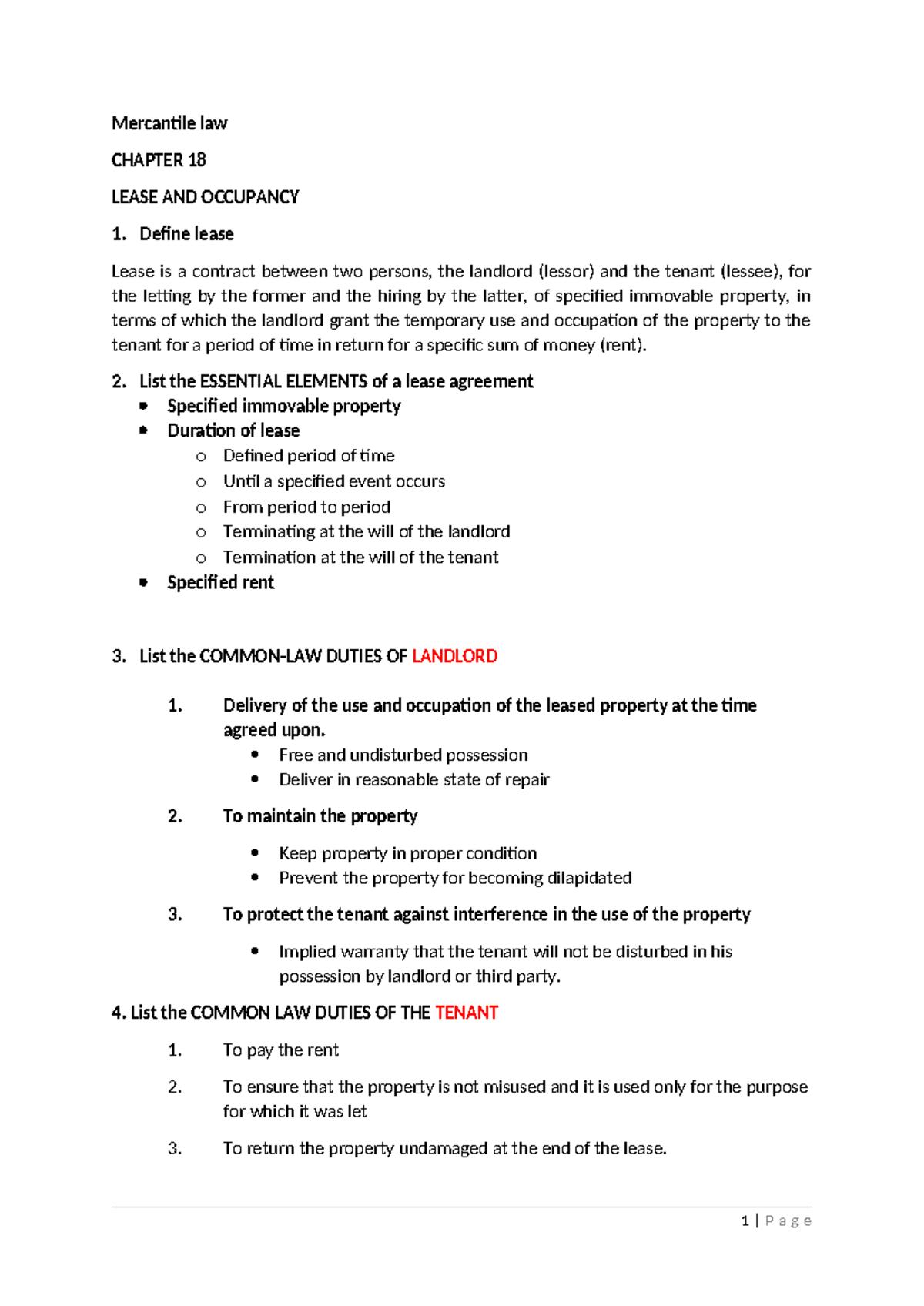 Chapter 18: Lease & Occupancy in Mercantile Law - Key Concepts & Duties ...