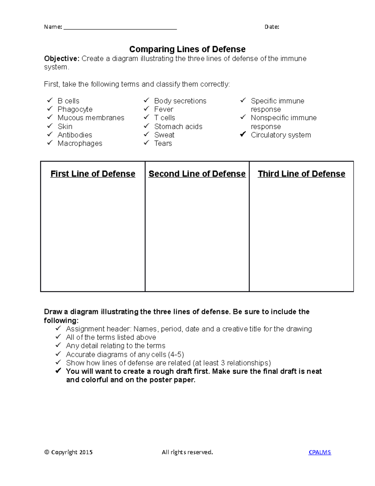 Immune System Poster - Name: Date: Comparing Lines of Defense Objective ...