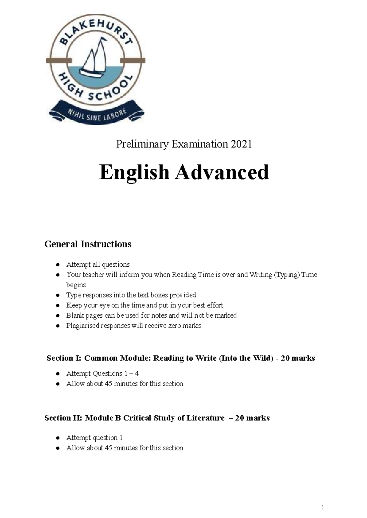 2021 English Advanced Preliminary Exam Instructions and Questions - Studocu