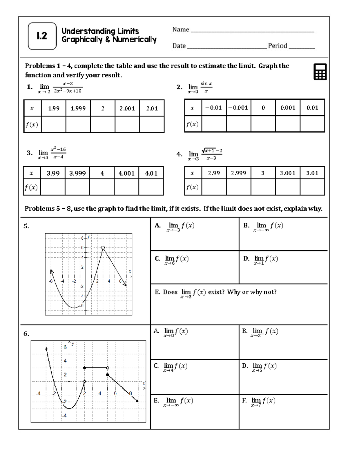1.2 HW - Understanding Limits: Graphical & Numerical Problems - Studocu