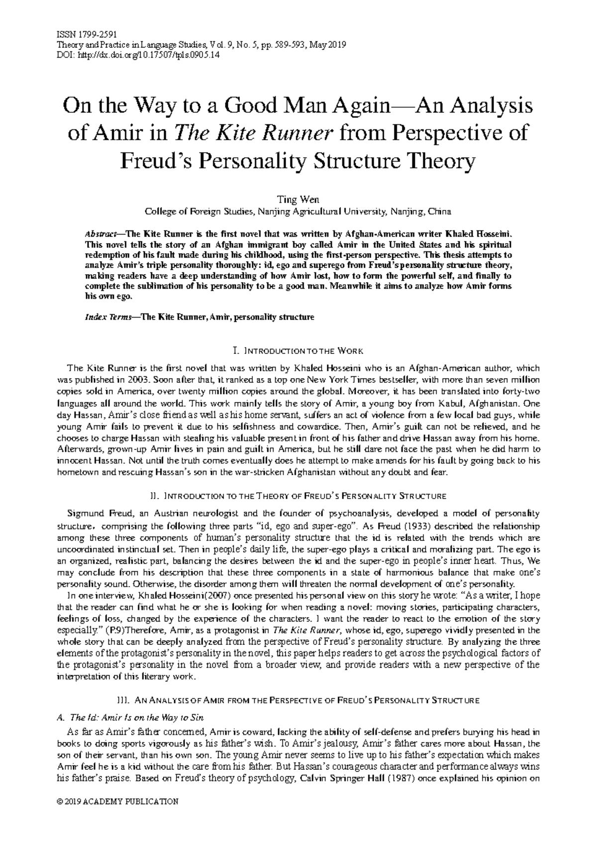 Analysis of Amir in The Kite Runner: A Freudian Perspective on ...