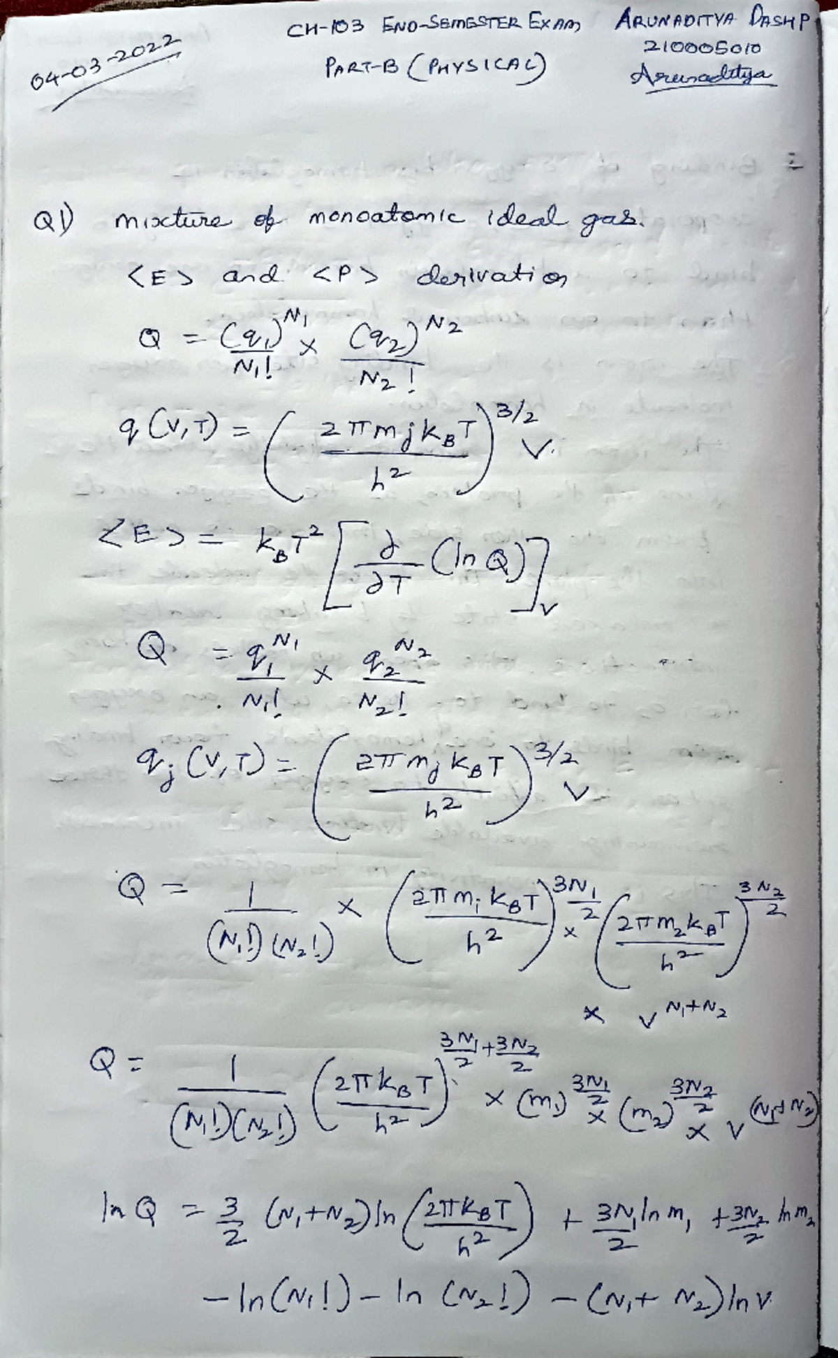 End-Semester Answer Sheet Part B CH-103 2022 - CH-03 ENo-SamESTER Ex AM ...