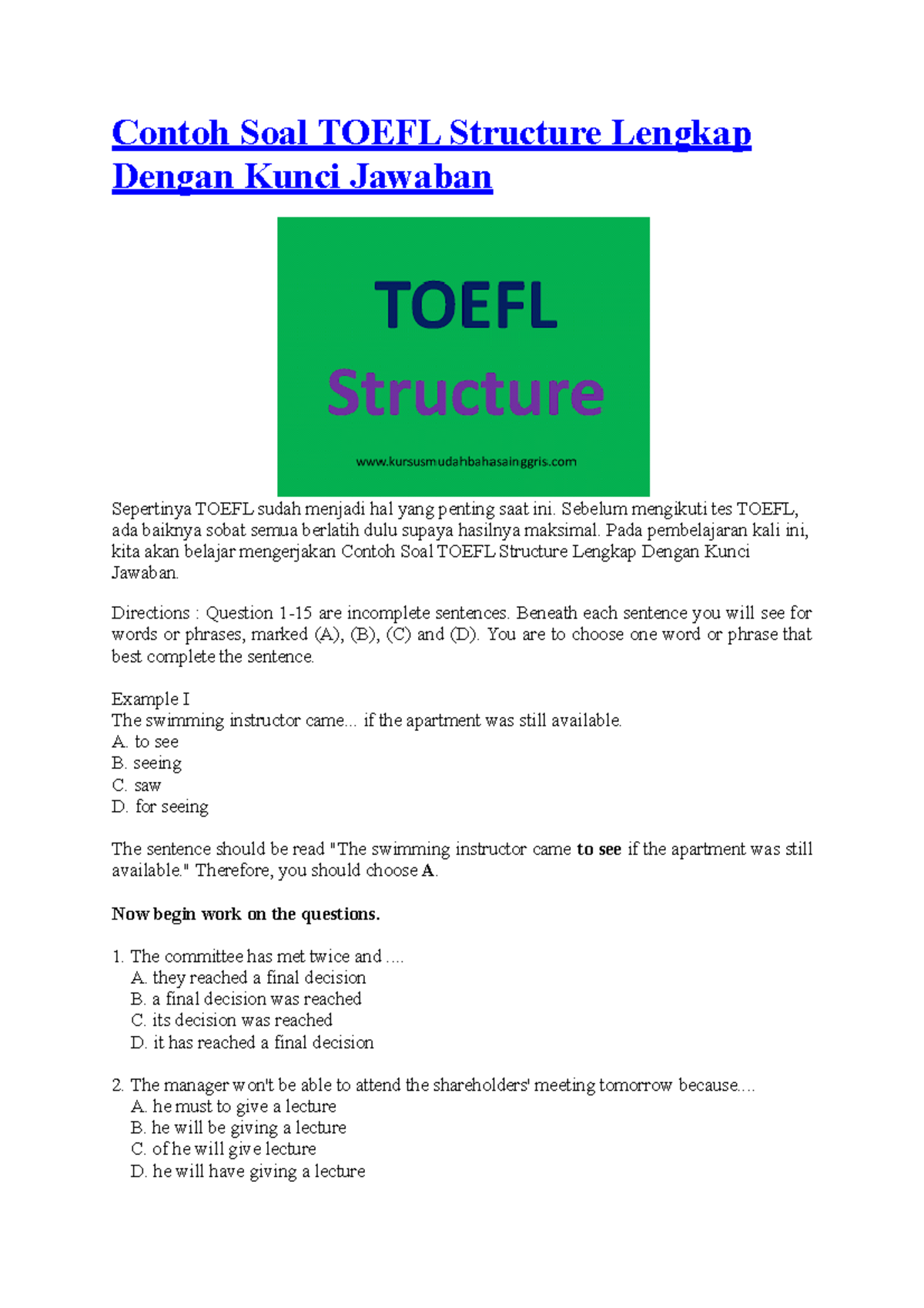 Contoh Soal TOEFL Structure dan Pembahasan Lengkap dengan Kunci - Studocu