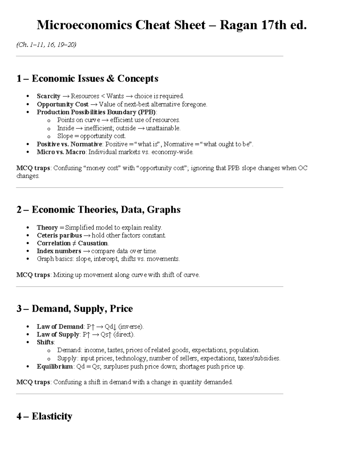 Microeconomics Cheat Sheet (Ragan 17th ed.) - Key Concepts & Formulas ...