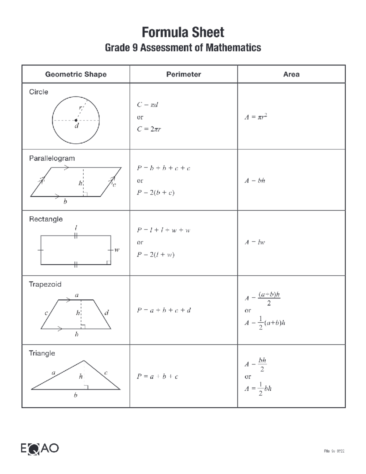 Grade 9 Mathematics EQAO Final Exam Formula Sheet for Geometry - Studocu