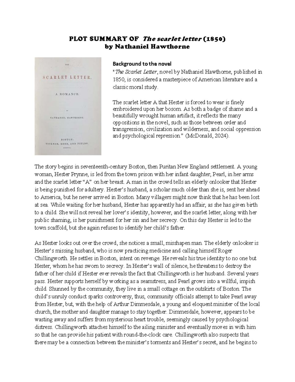 PLOT SUMMARY OF The Scarlet Letter (1850) by Nathaniel Hawthorne - Studocu