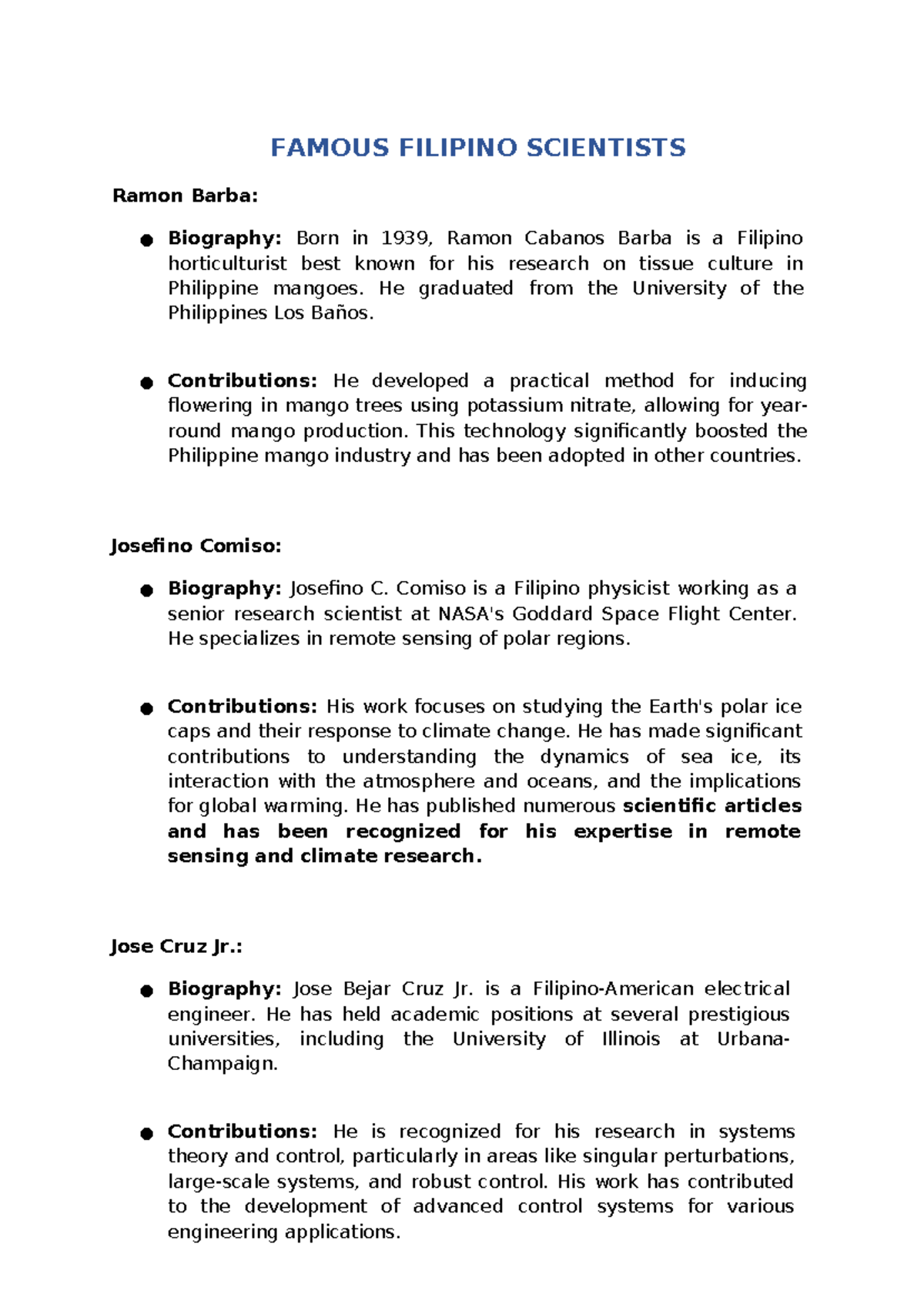 Famous Filipino Scientists: Contributions and Biographies - Studocu