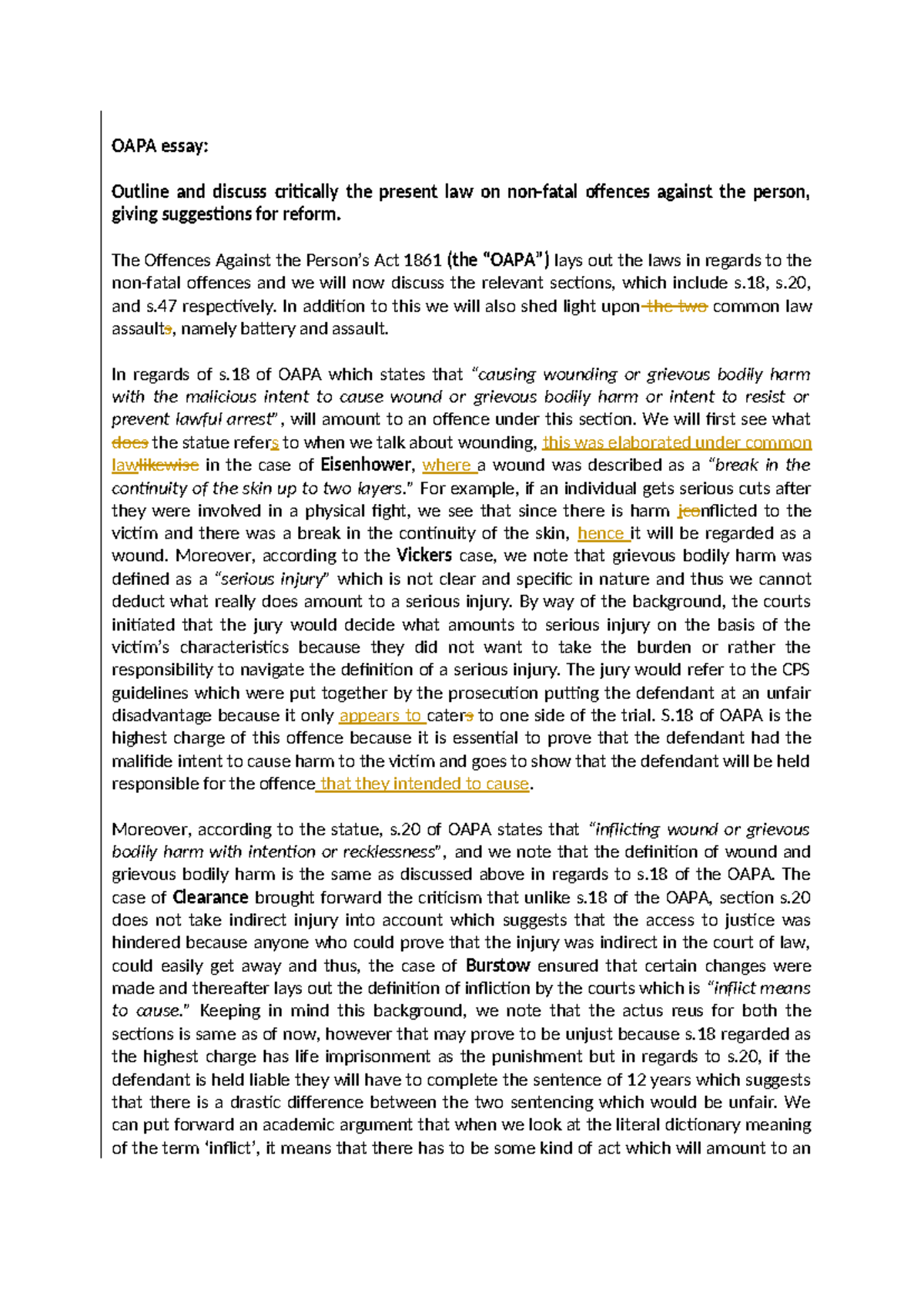 OAPA Essay: Critical Analysis of Non-Fatal Offences Law & Reforms - Studocu