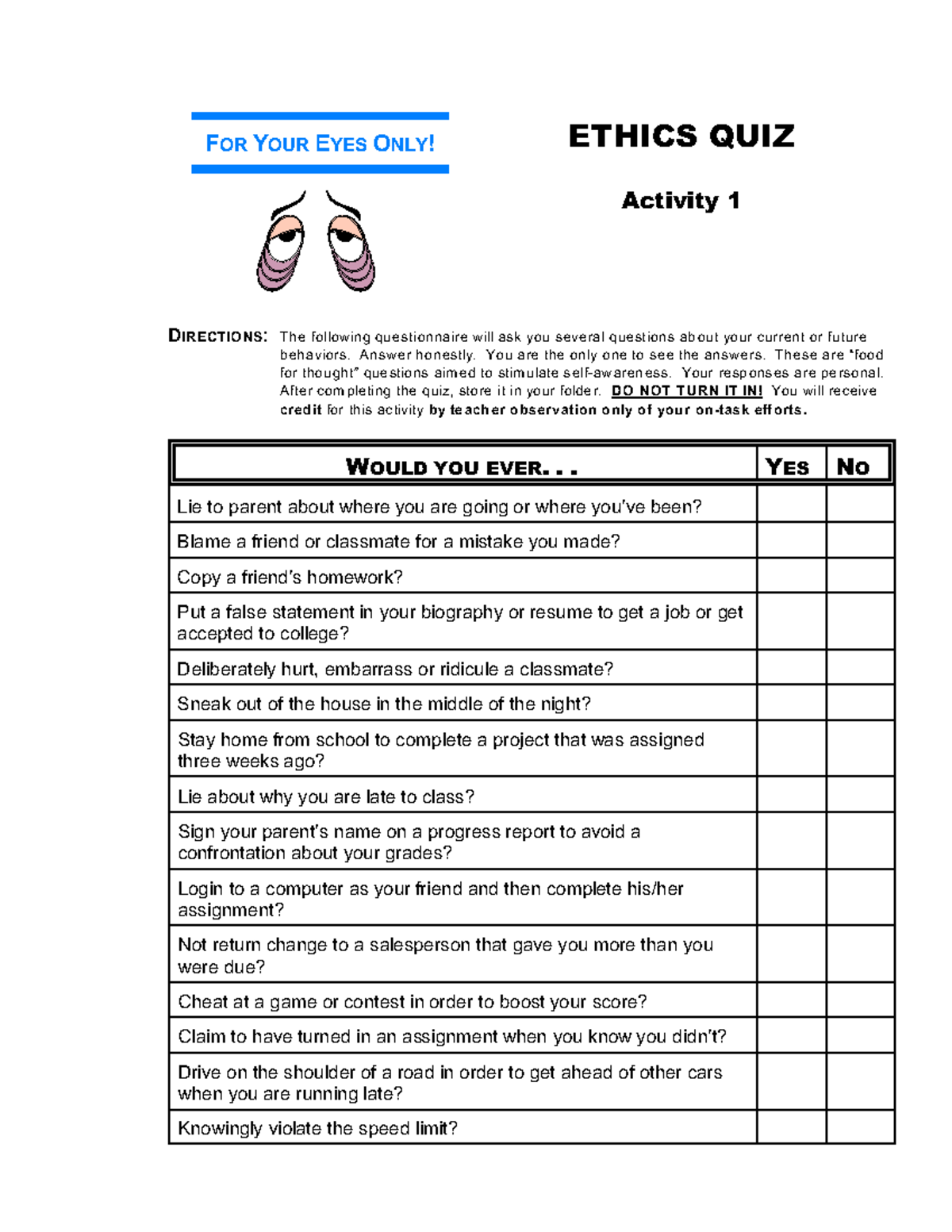 Act 1 Ethics Quiz TEST YOUR ETHICS: A 10-QUESTION QUIZ - MSU Main - Studocu