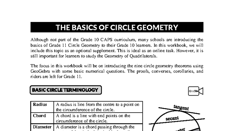 Grade 10 Circle Geometry Basics: An Introductory Workbook - Studocu