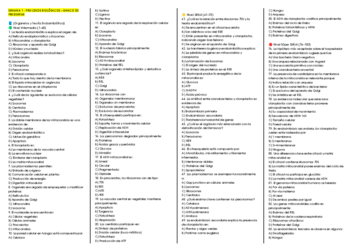 Banco de Preguntas de Procesos Biológicos (Nivel Intermedio) - Studocu