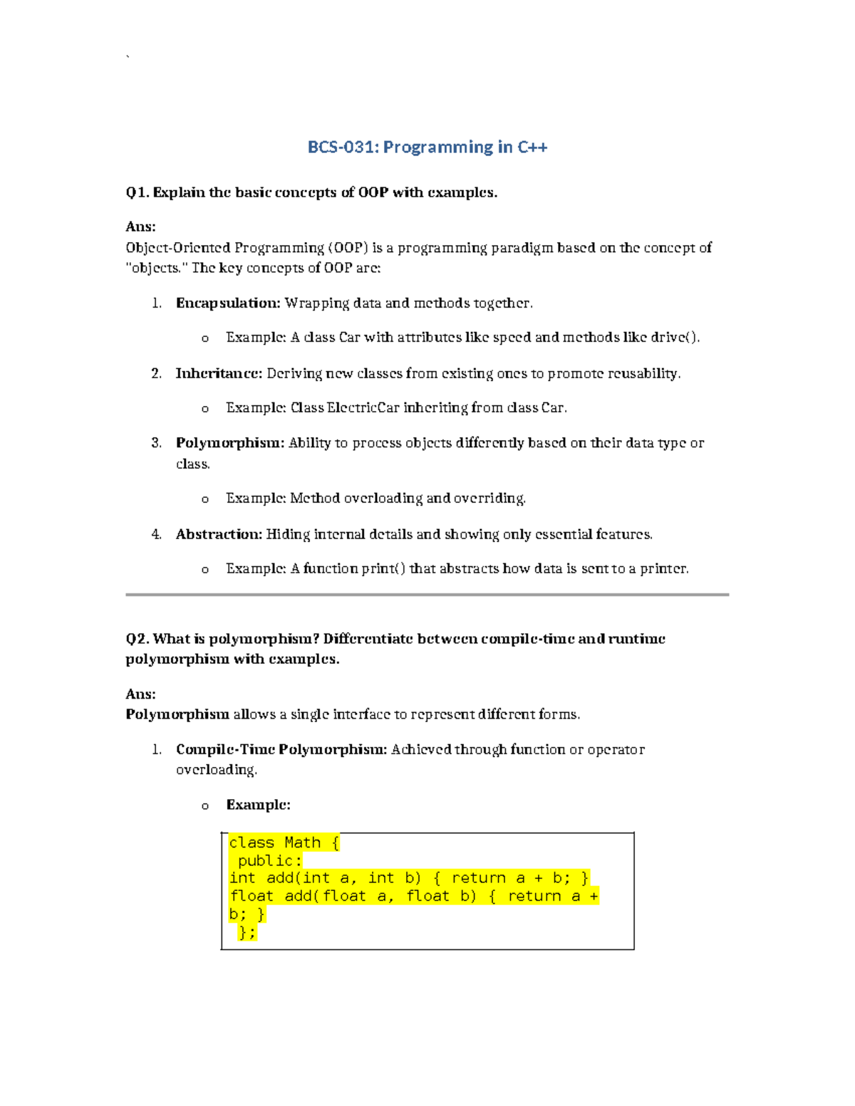 BCS-031 Final Exam: OOP Concepts and Programming in C++ - Studocu