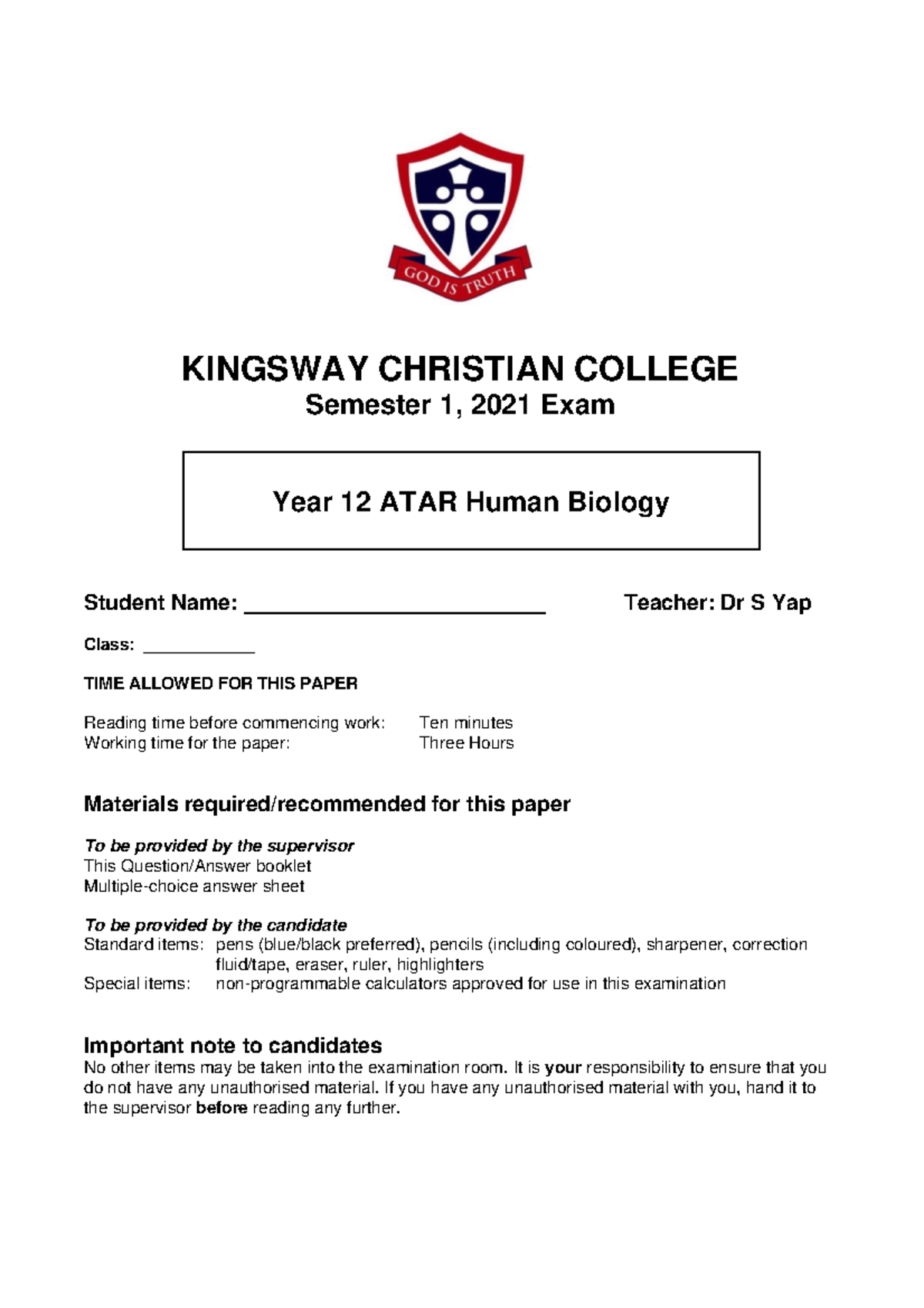 Year 12 ATAR Human Biology Final Exam 2021 - Studocu