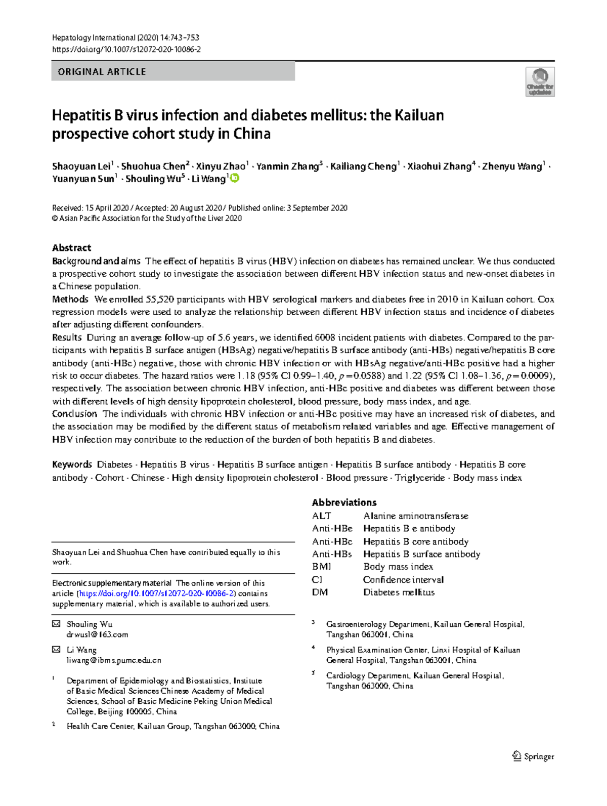 Hepatitis B Virus Infection and Diabetes: Insights from the Kailuan ...