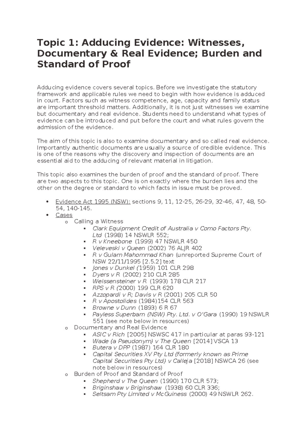 Topic 1: Adducing Evidence - Witnesses, Documentary & Burden of Proof ...