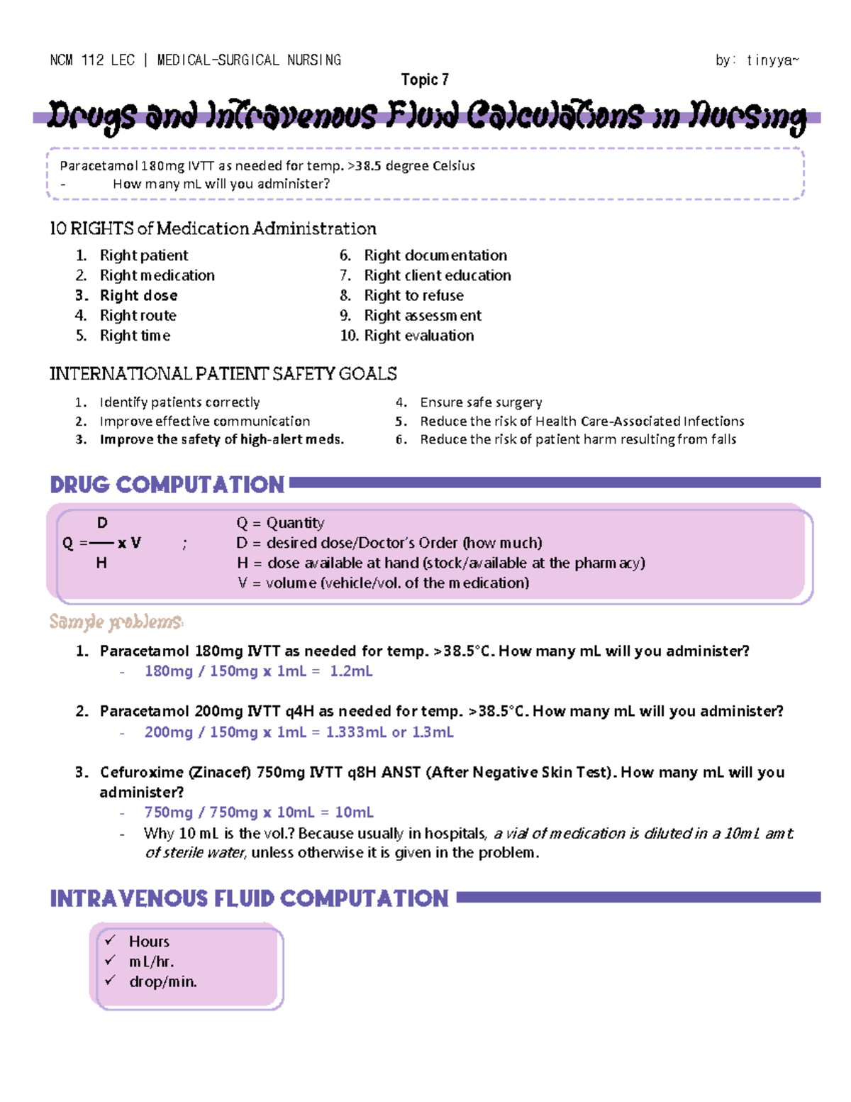 NCM 112 LEC: Drugs & IV Fluid Calculations in Med-Surg Nursing - Studocu